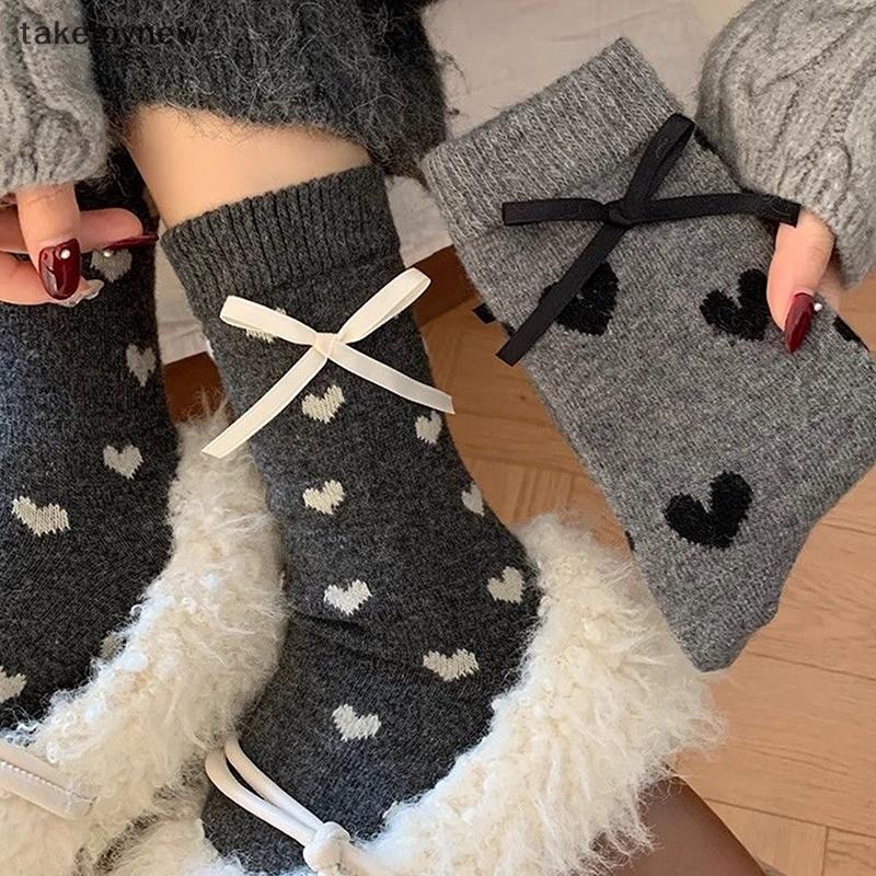 [takejoynew] ผู้หญิงกลางหลอด Kawaii Love Polka Dot Bow ขนสัตว์ Harajuku แคชเมียร์ถุงเท้ากอง ...