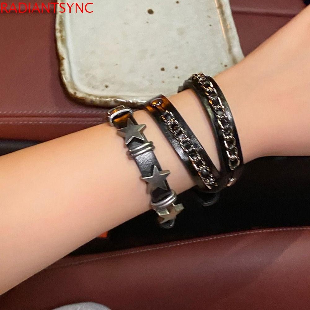 Radiantsync 2 ชิ้น Punk Rivet สร้อยข้อมือ, โลหะคนรัก Y2K ดาวสร้อยข้อมือ, Retro PU หนังปรับ ...