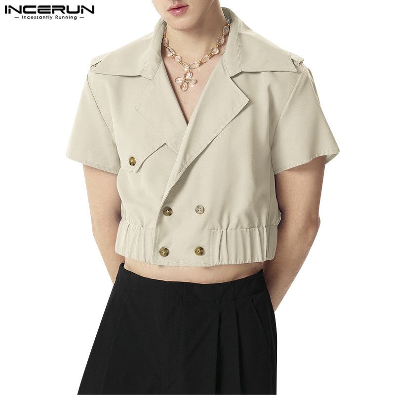 Incerun เสื้อแจ็กเก็ต แขนสั้น กระดุมสองแถว สไตล์วินเทจ แฟชั่นสําหรับ ...