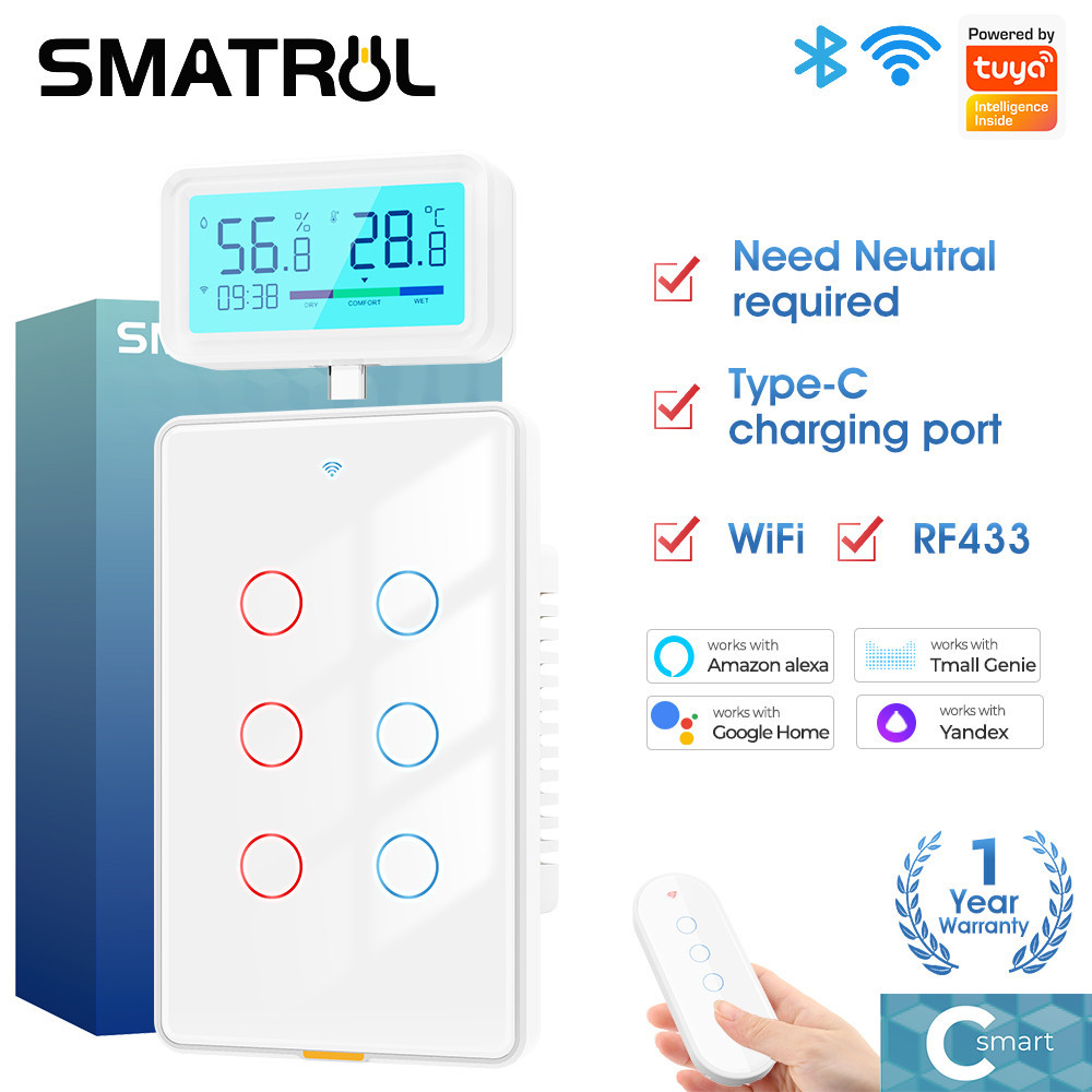 Smatrul Tuya สวิตช์ไฟอัจฉริยะไร้สาย WiFi RF433 US 2 ทาง 110-240V Type-C ... Smatrul Tuya สวิตช์ไฟอัจฉริยะไร้สาย WiFi RF433 US 2 ทาง 110-240V Type-C ...