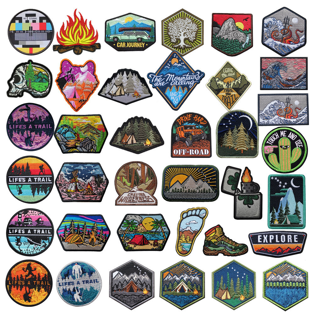 เย็บปักถักร้อยเต็ม Velcro Patch Patch Volcanic Landscape Armband Coconut Tree Badge สติกเกอร์ ...