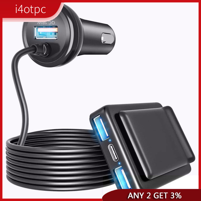 I4otpc 4-in-1 อะแดปเตอร์ชาร์จในรถยนต์ 74W QC3.0 PD18W หลายพอร์ต USB C 12-24V พร้อมสายเคเบิล 2 ...