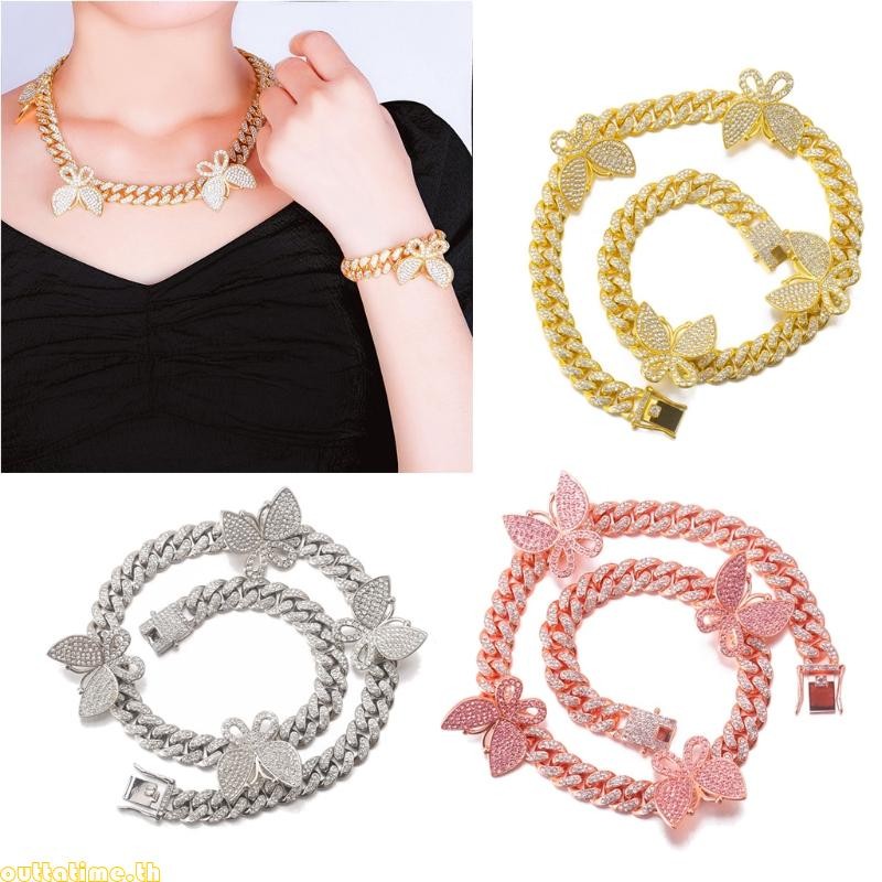 Time Bling Cuban Link Chain สร้อยคอโชคเกอร์ผีเสื้อ โซ่แร็ปเปอร์หนา ฮิปฮ ...