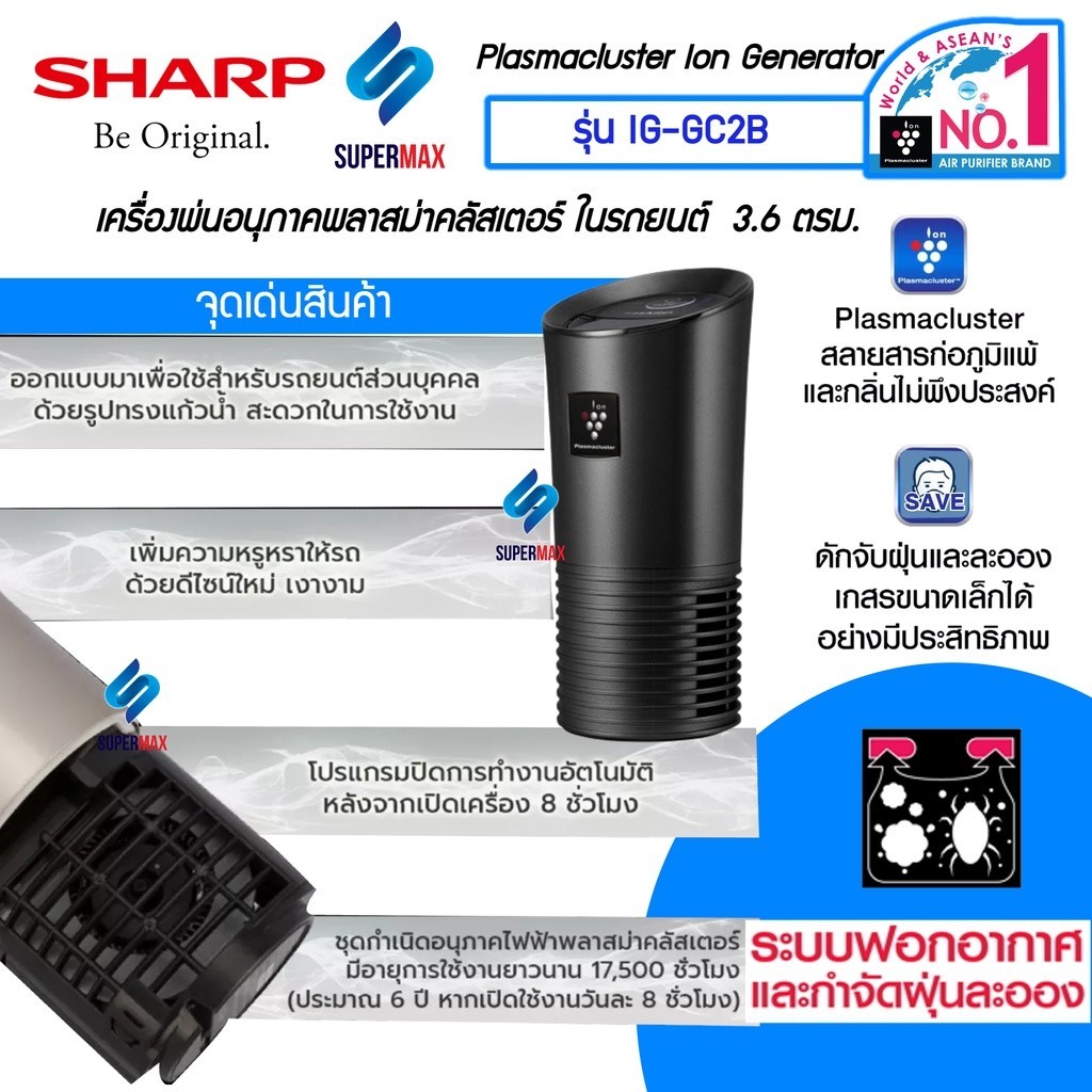 เครื่องฟอกอากาศในรถยนต์ Sharp เครื่องฟอกอากาศในรถยนต์ ปล่อยพลาสม่าคลัสเตอร์แบบเข้มข้น รุ่น IG ...
