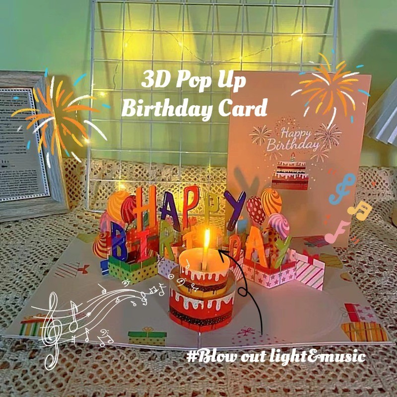 ของขวัญวันเกิด 3D Musical Birthday Pop Up Card Blow Out LED Light ...
