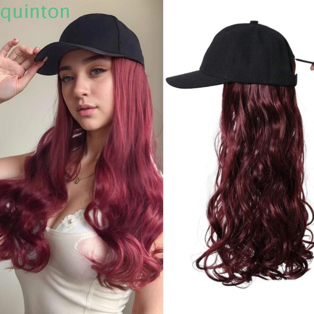 Quiton ผมยาวตรง,ไวน์แดง Hairpiece หมวกเบสบอลพร้อมวิกผม,ต่อผมปุยระบายอากาศสไตล์เกาหลีหมวกปรับได้ ...