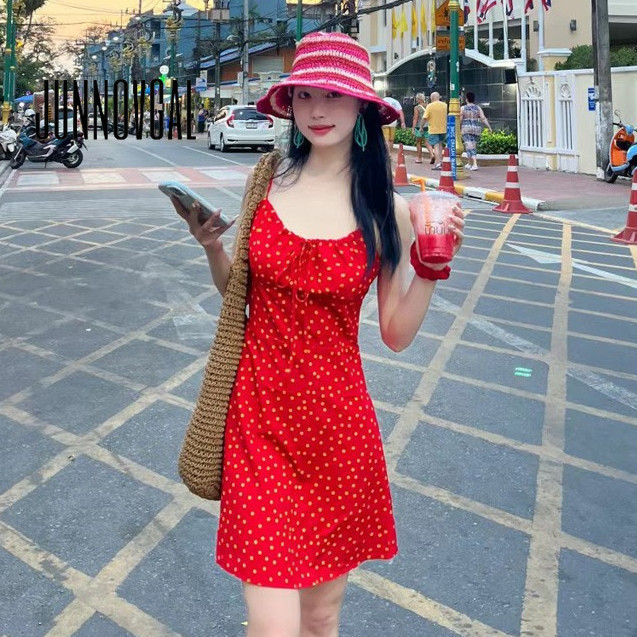 JUNNOVGAL มินิเดรสผู้หญิง Retro Nipped เอวการพิมพ์สไตล์ใหม่ Low Cut ...
