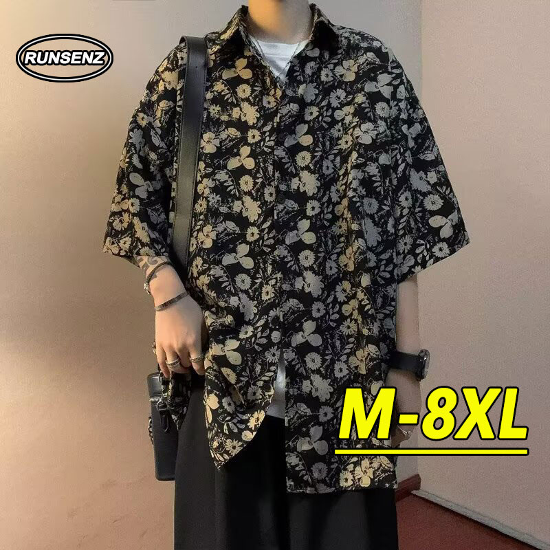 M-8xl เวอร์ชั่นเกาหลีเสื้อเชิ้ตลายดอกไม้ผู้ชายเสื้อเชิ้ตแขนสั้นขนาดบวกลําลองหลวมด้านบนขนาดใหญ่ ...