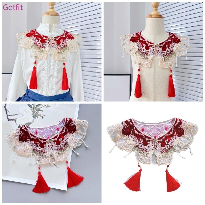 Getf สาวสไตล์จีนปักเมฆดอกไม้ปกปลอมด้วยลูกปัดพู่คอสายผ้าคลุมไหล่ขนาดเล็ก ...