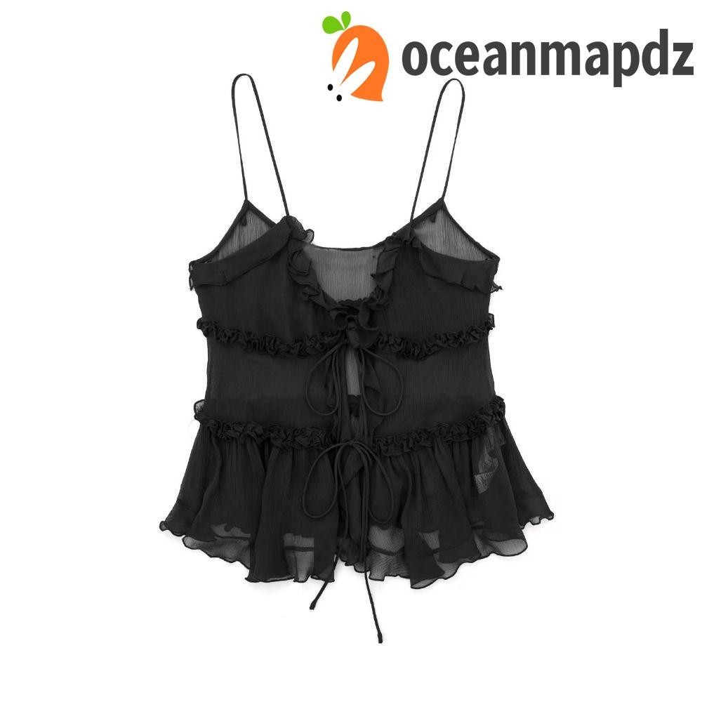 Oceanmapdz เสื้อครอปท็อป คอวี ผ้าโปร่งแสง เปิดไหล่ แต่งระบาย สีพื้น สําหรับผู้หญิง | Shopee Thailand