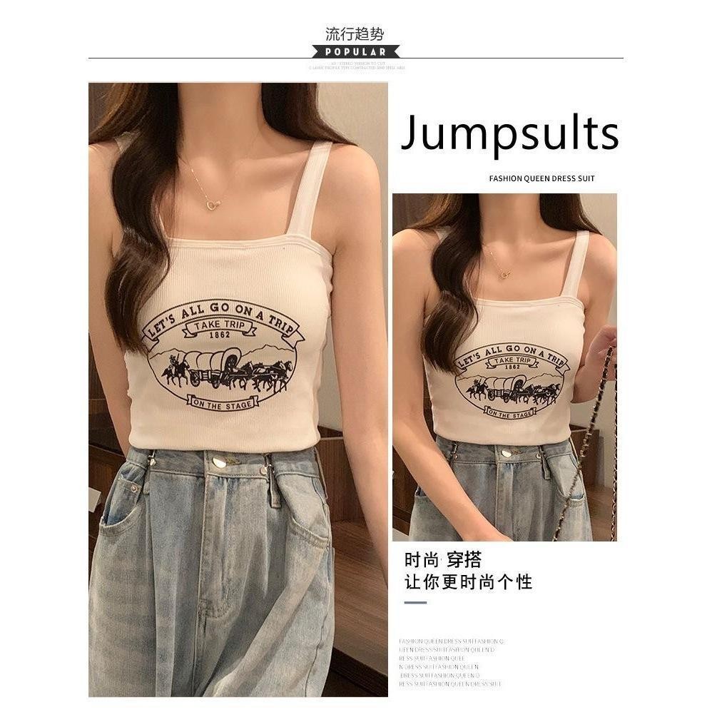 ZJ HOMEเสื้อกล้ามครอป เสื้อสายเดี่ยวสกรีนลาย ผ้าร่องยืด ทรงเข้ารูป มีฟองน้ำในตัว ใส่ได้ทุกโอกาส ...