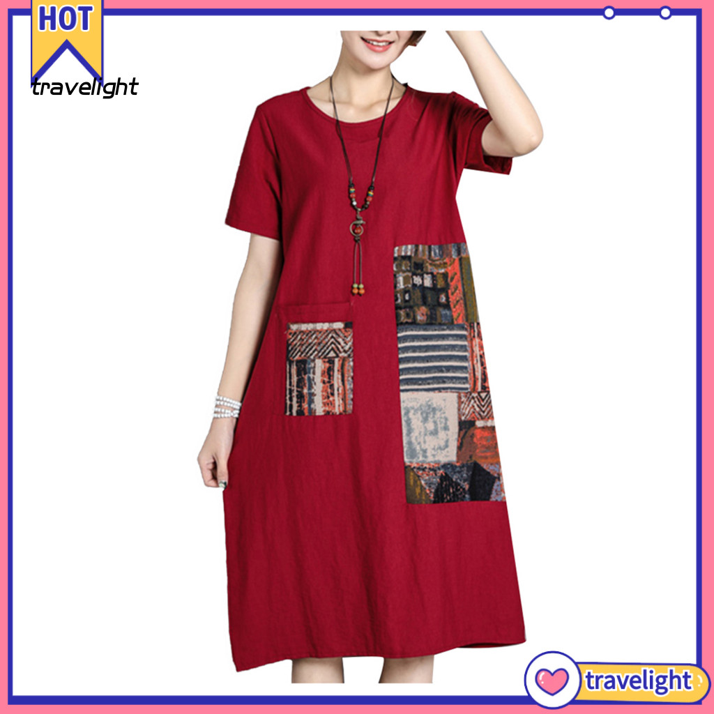 Travelight| ชุดมิดี้เดรส คอกลม แขนสั้น ผ้าฝ้าย ผ้าลินิน ทรงหลวม พลัสไซ ...