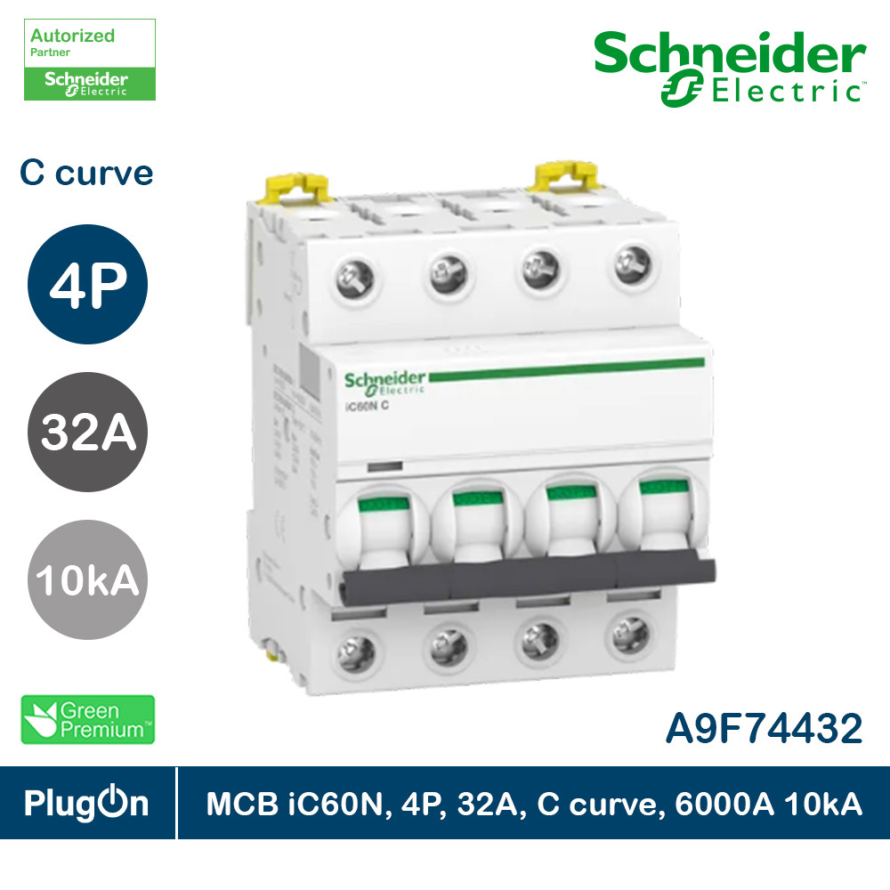 Schneider A9F74432 Miniature Circuit-Breaker, Acti9 iC60N, 4P, 32 A, C Curve, 6000 A (IEC 60898 ...