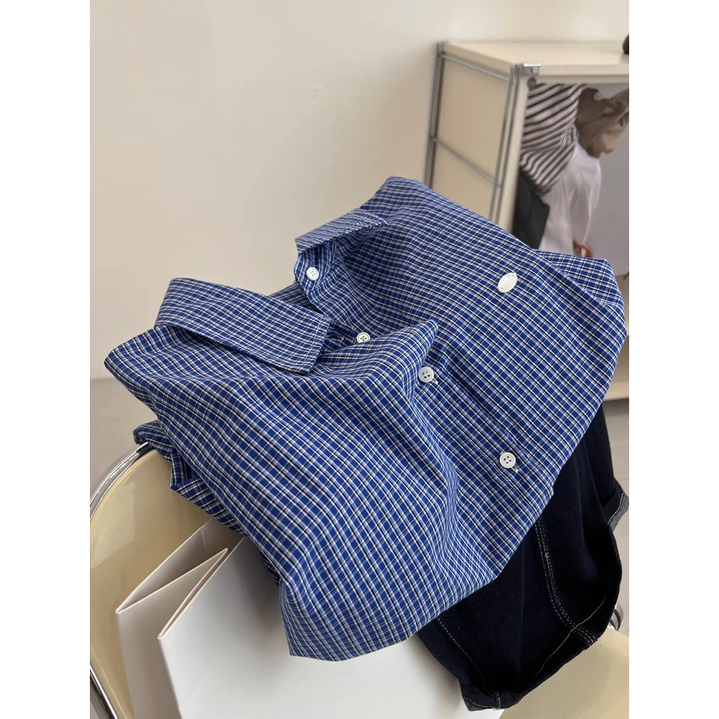 ชุดเสื้อแขนยาวลายตารางสีฟ้าสไตล์เกาหลี Salt BF สำหรับผู้หญิง เสื้อหลวม ...