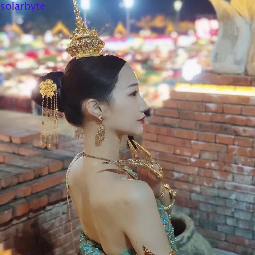 Solarbyte ส้อมผมดอกไม้โลหะไทย, สไตล์ชาติพันธุ์โบราณ Golden Tassels ส้อมผม, ใบ Rhinestone คลาสสิก ...