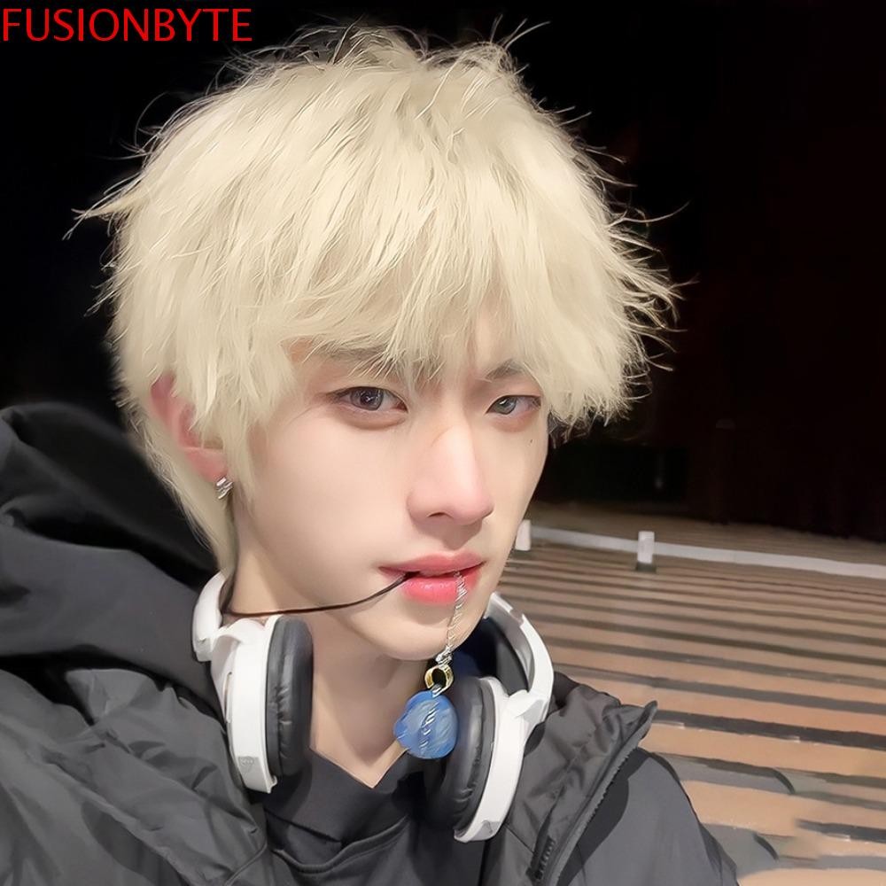 Fusionbyte อะนิเมะผู้ชายวิกผม, สังเคราะห์ผมทนความร้อนสั้นตรงวิกผม, เต็มหัวปุยสีน้ําตาลสีดําชายคอ ...