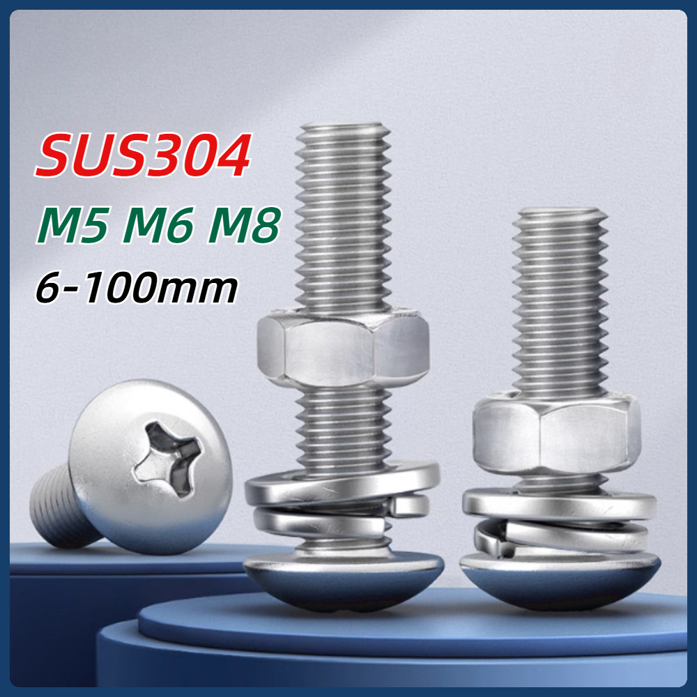[MX1] 304 สแตนเลสสตีลหัวกลมสกรูน็อตเครื่องซักผ้าชุด M5/M6/M8 ชุดสกรู Phillips หัวทรงโค้งพร้อมนอต ...