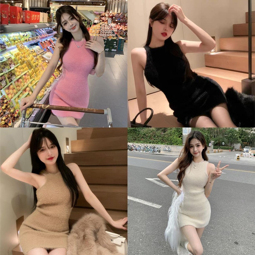 Lune_Grace ใหม่ เดรสไหมพรมแขนกุด มินิเกาหลี ทรงรัดรูป ดีเทลขนมิ้ง สายฝอ ผ้านุ่มนิ่มใส่สบาย รุ่น ...