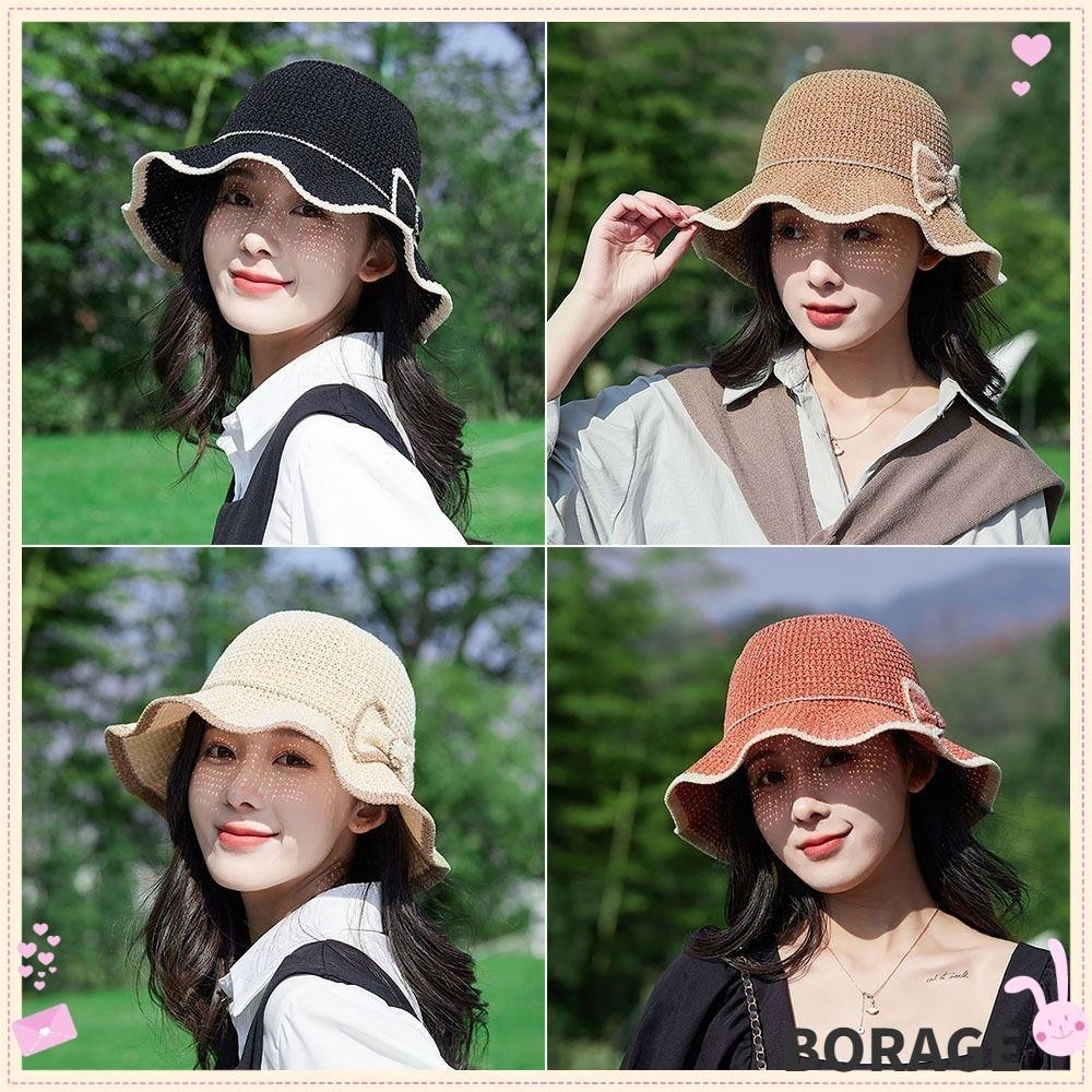 Borag หมวกบักเก็ต หมวกบังแดด หมวกชาวประมง ประดับโบว์ ระบายอากาศ คุณภาพสูง ปีกกว้าง ฤดูร้อน ...