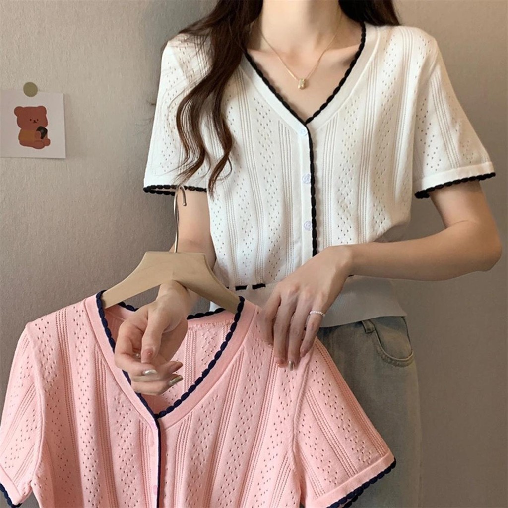 👚Anna👚M1098 ️ เสื้อครอปแขนสั้นผ้าไหมพรมผ้าร่องแต่งกระดุม กระดุมสามาแกะ ...