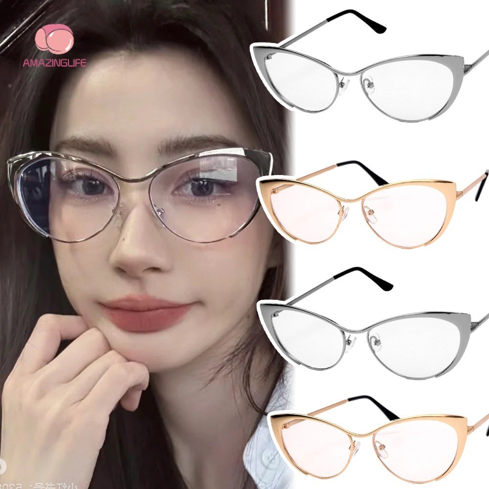 Cat Eye Metal Plain Glass Spectacles - สไตล์อเมริกัน Retro High-grade ...