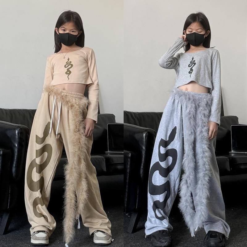 [KeDaYa] พร้อมส่ง กางเกงวอร์มลายงูสไตล์เกาหลี เสื้อครอปแขนยาวอเมริกัน ...