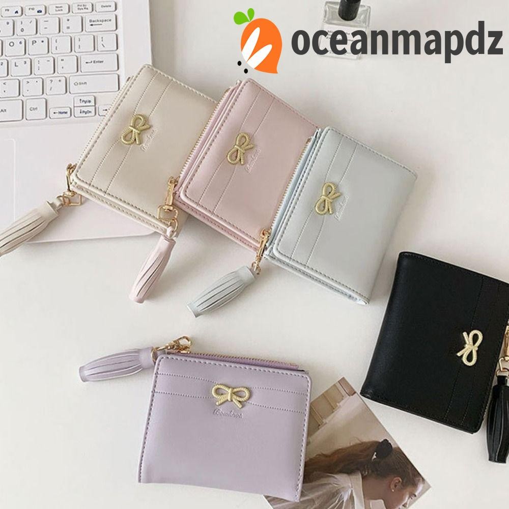 Oceanmapdz Bow Lady กระเป๋า, แบบพกพาหลายช่องกระเป๋าสตางค์ PU สั้น,น่ารักซิปสีลูกกวาด PVC พับ ...