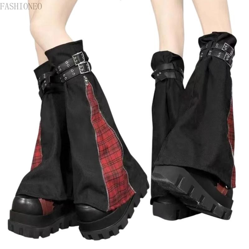 Fas ญี่ปุ่น Gothic ขาครอบคลุมลายสก๊อต Patchwork Zip Buckled ขาอุ่น ...