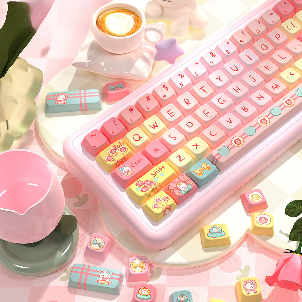 Tulip Bear Theme Keycaps ปุ่มกดคีย์บอร์ด ธีมหมีทิวลิป MDA PBT น่ารัก ห้าด้าน | Shopee Thailand
