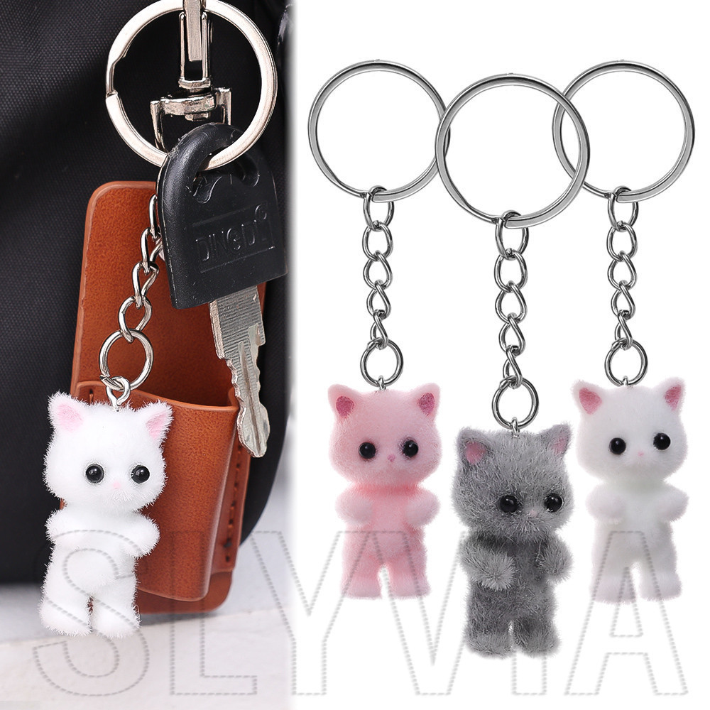 กระเป๋าเป้ ตกแต่งรถ - พวงกุญแจแมว 3D Flocking - จี้สัตว์ Kawaii Fuzzy ...