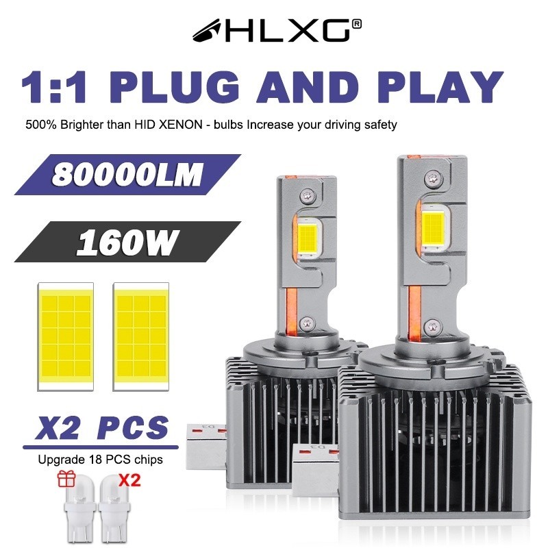 Hlxg หลอดไฟหน้ารถยนต์ LED D1S LED D3S D8S HID D2S D4S D1R D2R D3R ชิป 80000LM CSP 6000K 6000K 2 ...