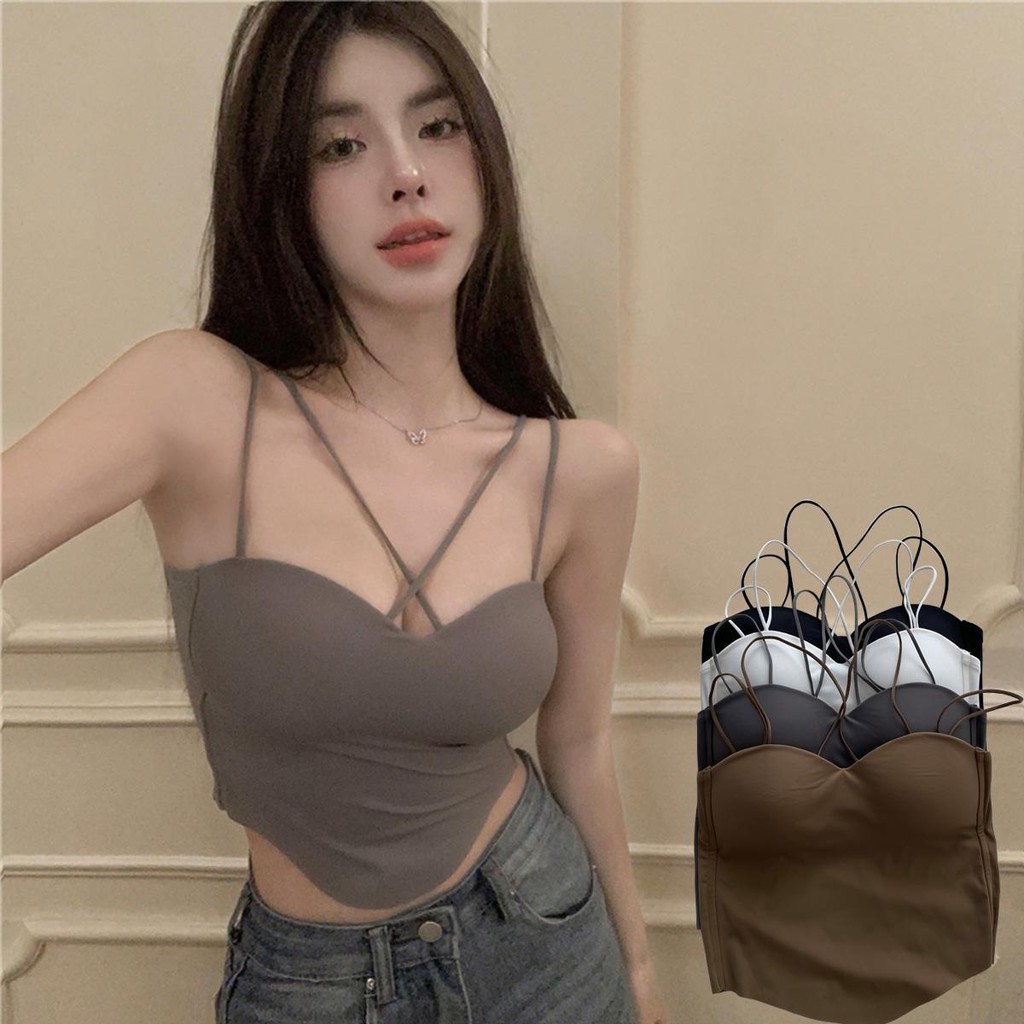 Lune_graceเสื้อครอปสายเดี่ยว มีบราในตัว ดีเทลสายไขว้หน้า2เส้น ผ้านุ่มผ้าเย็นใส่สบาย แซ่บๆ รุ่น ...