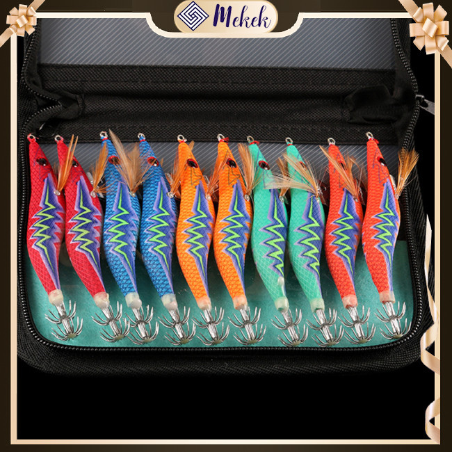 Mekek 10 ชิ้น จิ๊กกุ้งไม้ พร้อมกระเป๋า เหยื่อปลาหมึก เหยื่อปลอม เรือง ...