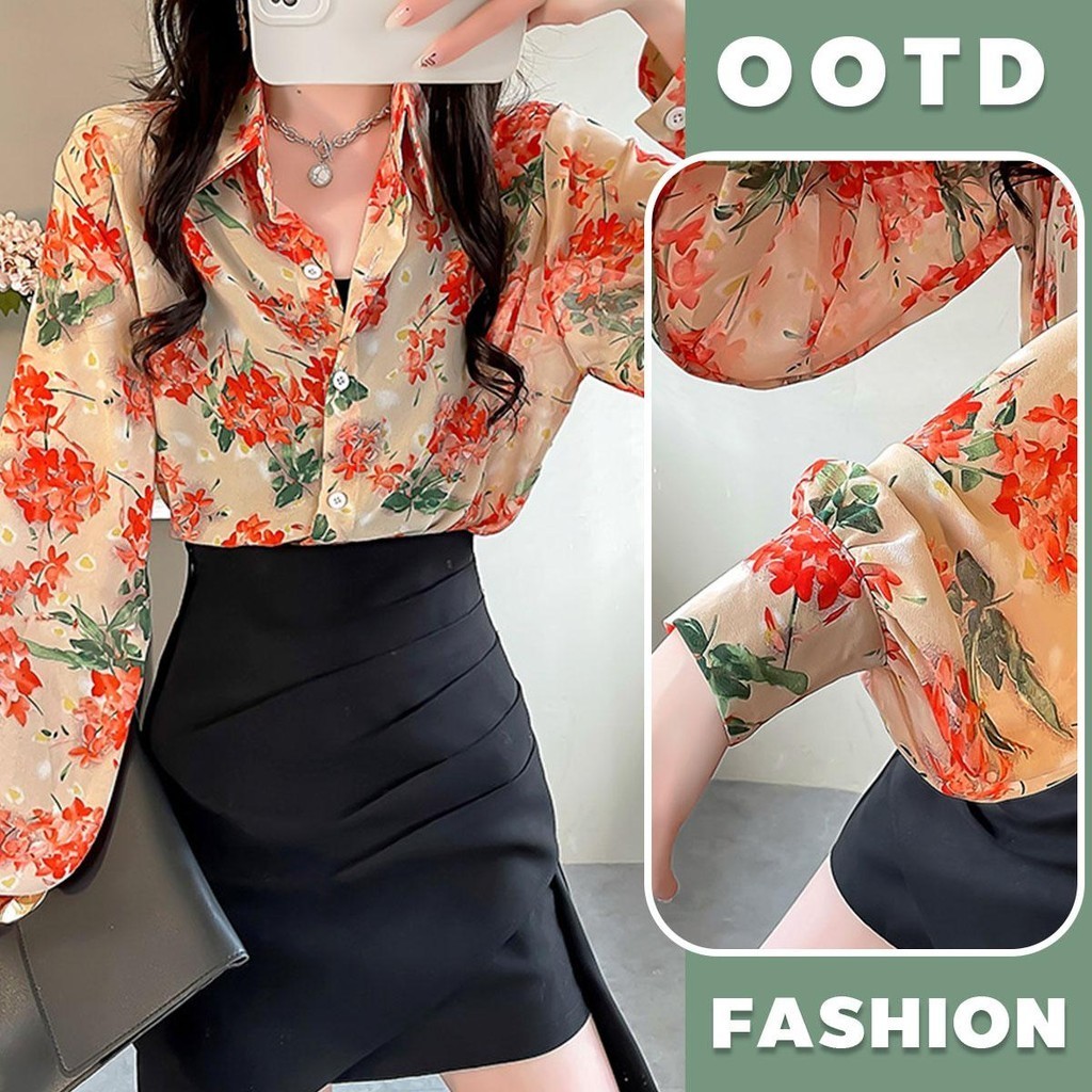 mimi&didi.เสื้อเชิ้ตผ้าชีฟองแฟชั่นผู้หญิง เสื้อเชิ้ตทางการแบบแยกส่วน แขนโคมไฟ ดีไซน์สวย พิมพ์ลาย ...