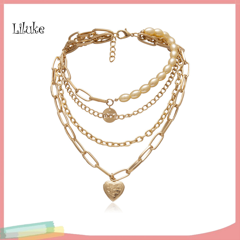 Lk ผู้หญิง LOVE รอบจี้หัวใจ Faux Pearl Multilayer Chain สร้อยคอ ...