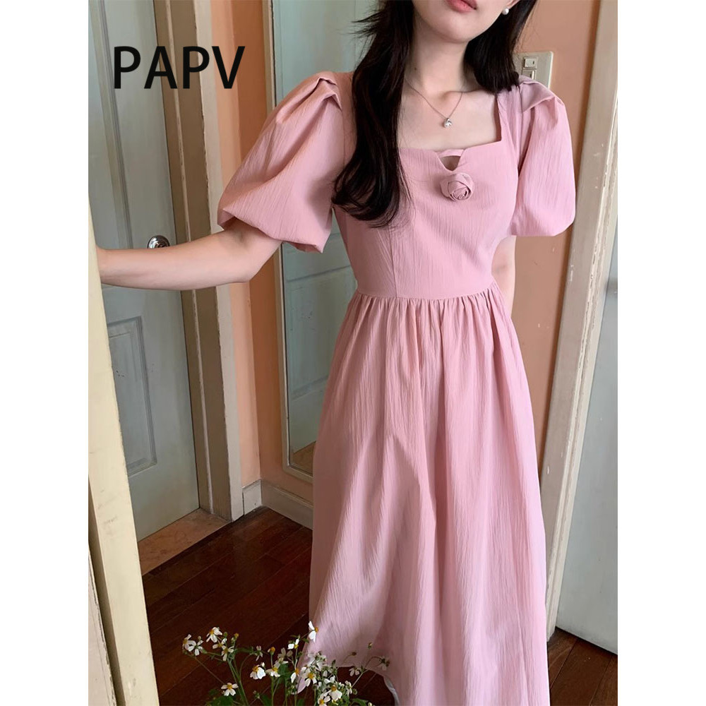 Papv ชุดเดรส คอสี่เหลี่ยม แขนพอง ลายดอกกุหลาบ สุดชิค 2404 | Shopee Thailand