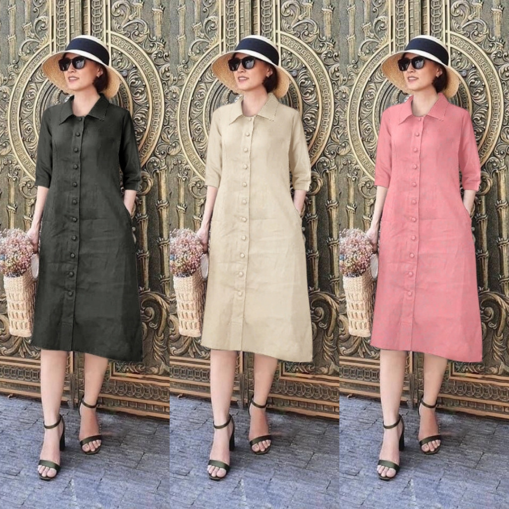 เดรสผ้าลินินผสม มีซับใน กระดุมปั๊ม แขนสามส่วน คอปกเชิ้ต แบบสุภาพ ใส่ได้ทุกโอกาส KA06 | Shopee ...