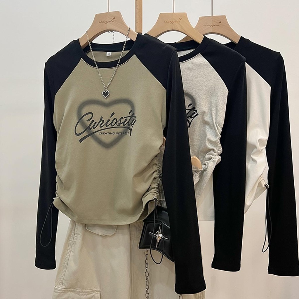 Lune_Grace- 2591#เสื้อยืดแขนยาวแฟชั่นเกาหลี สกรีนลายหัวใจสวยๆ แต่งเชือก ...