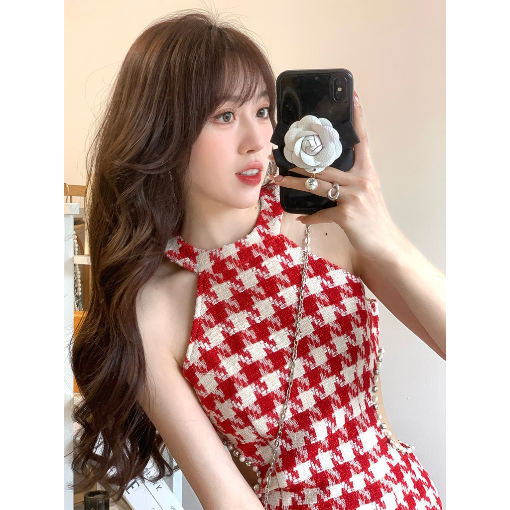 R RSGG ชุดเดรส คล้องคอ ประดับพลอยเทียม สีแดง สําหรับผู้หญิง KDW6 ...