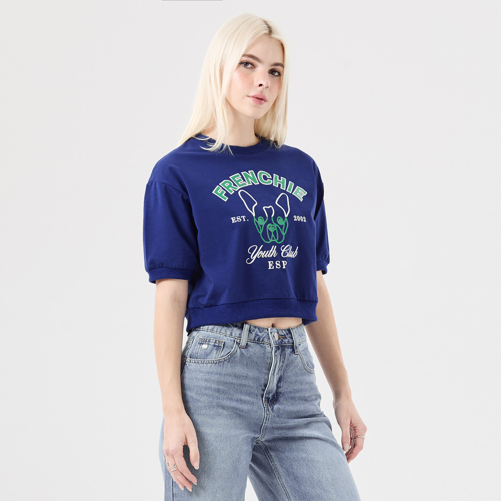 ESP เสื้อนิตทรงครอป เฟรนช์ชี่ ผู้หญิง สีน้ำเงิน | Frenchie Cropped Knit ...