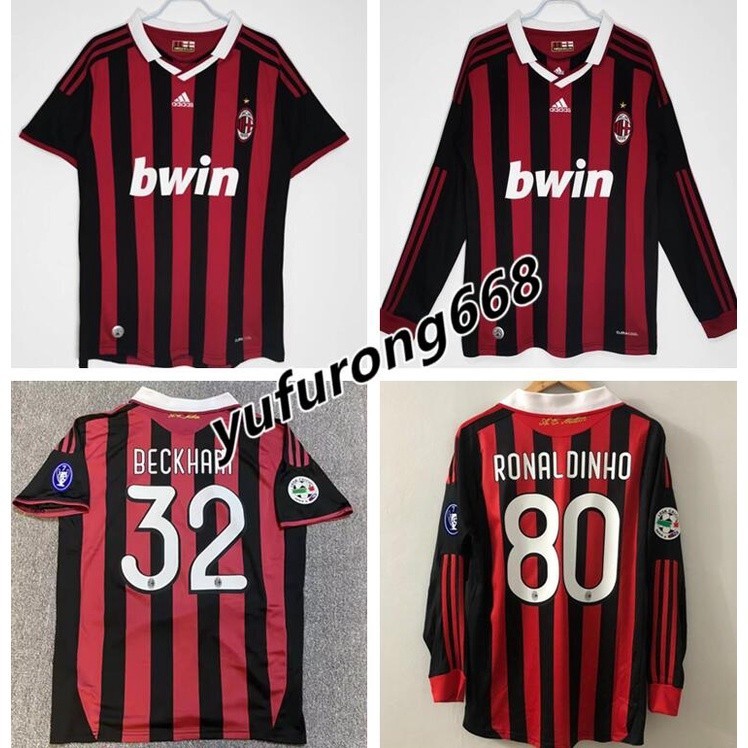 เสื้อกีฬาแขนสั้น ลายทีมชาติฟุตบอล Milan Jersey AC Milan 09 10 BECKHAM RONALDINHO สไตล์วินเทจ เร ...