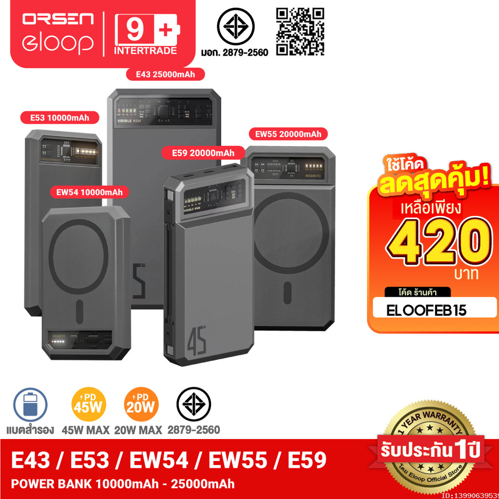 [420บ. โค้ดคุ้ม] Orsen by Eloop E53 E59 EW54 EW55 E43 MagCharge แบตสำรอง ไร้สาย ชาร์จเร็ว 20W ...