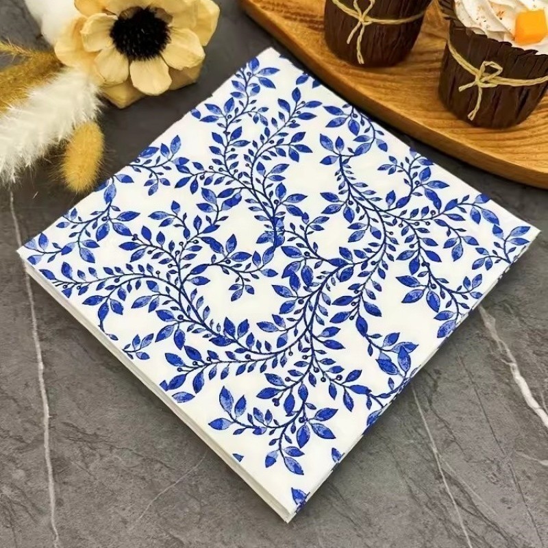 20 แผ่น/แพ็ค Blue Leave Decoupage กระดาษผ้าเช็ดปาก Elegant ดอกไม้ ...
