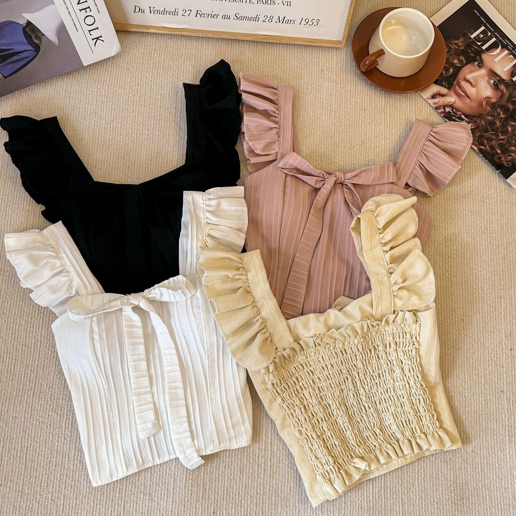 YY90 เสื้อครอปคอกลมแขนกุด แต่งโบว์ แขนระบาย คอเหลี่ยม สไตล์ฝรั่งเศส สุดน่ารัก | Shopee Thailand