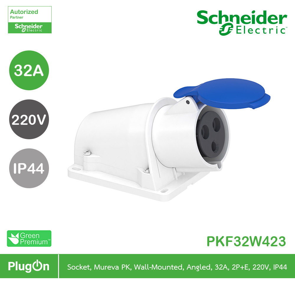 Schneider Socket, Mureva PK, wall-mounted, angled, 32A, 2P+E, 220V ...