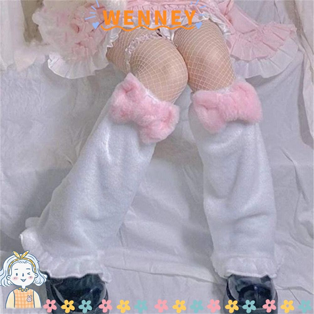 Wanny ถุงน่องยาว,สีชมพู Bow Tie Y2K ขาอุ่น, Kawaii JK Lolita ฤดูหนาว Warm Plush Fur Boot Cuffs ...