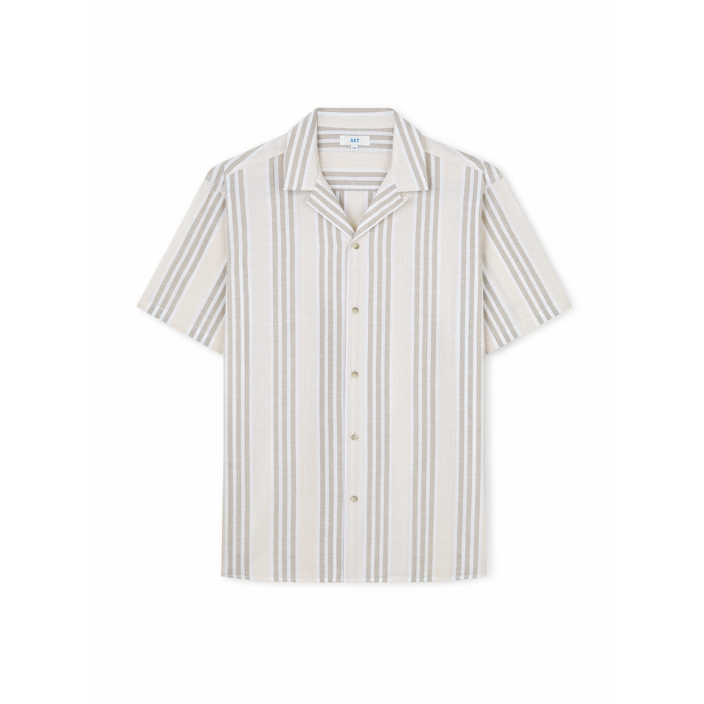 AIIZ (เอ ทู แซด) - เสื้อเชิ้ตผู้ชายแขนสั้นปกฮาวายผ้าคอตตอนลินินลายริ้ว Men's Striped Camp Collar ...