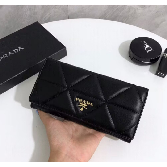 [กล่องของขวัญ] แฟชั่น prada Caviar Wallet คุณภาพสูงหนังแกะ Bi-fold แพ็ค ...