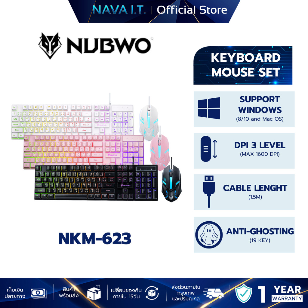 NUBWO SAVITAR NKM-623 COMBO SET KEYBOARD+MOUSE PINK WHITE BLACK | Shopee Thailand