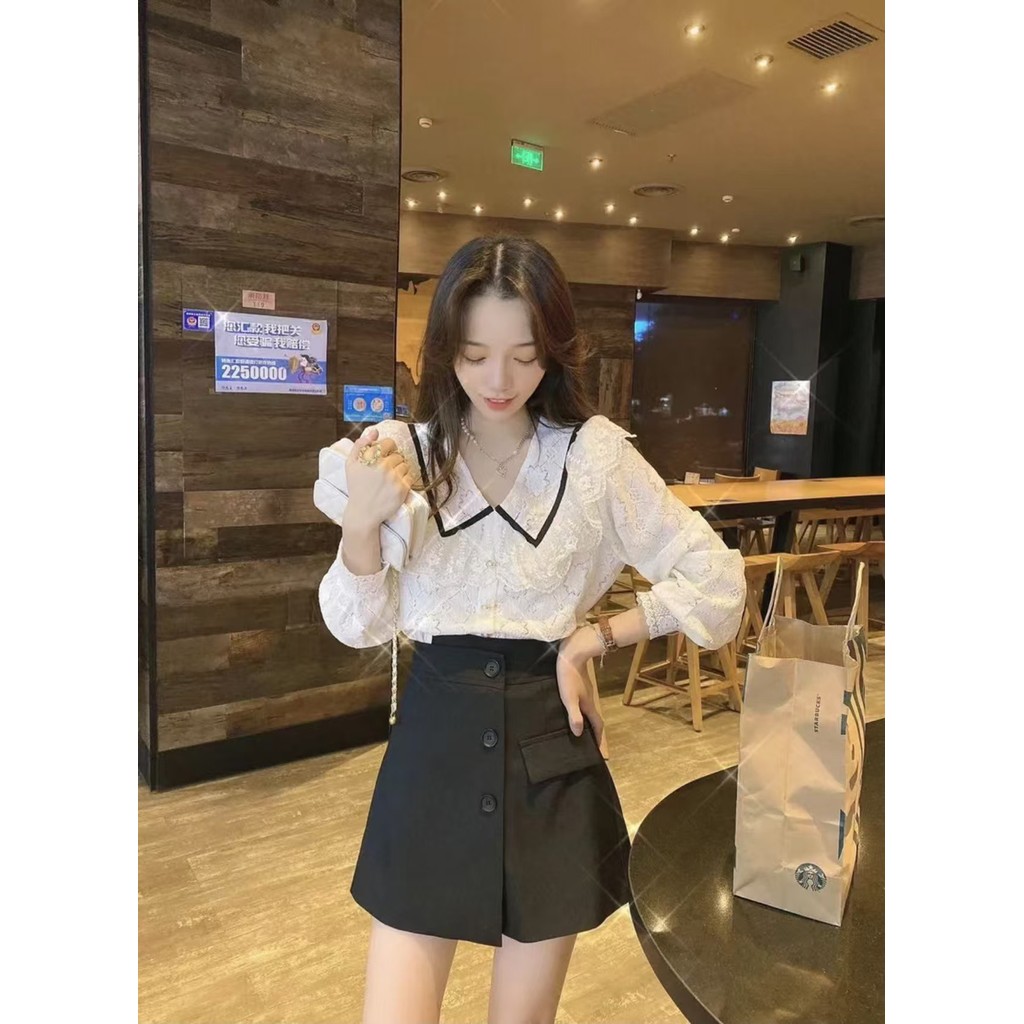 ใหม่ สไตล์เกาหลี คอตุ๊กตาสีบล็อก ขอบลูกไม้ เสื้อเบลาส์ถักโครเชต์หวาน ...